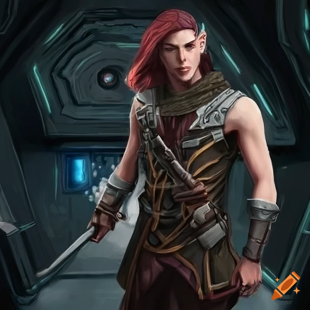 Realistic portrait of a male elf rogue in futuristic pirate outfit inside a spaceship hallway on ...