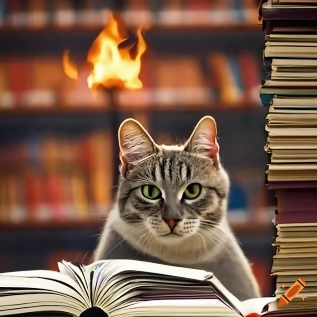Cat reading books in a burning library on Craiyon