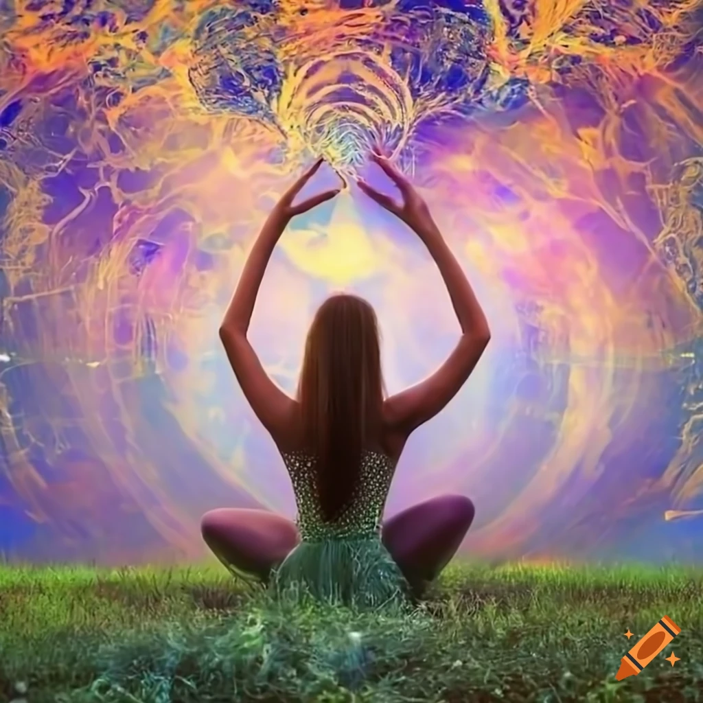 Young woman with vibrant energy fields extending from her hands on Craiyon