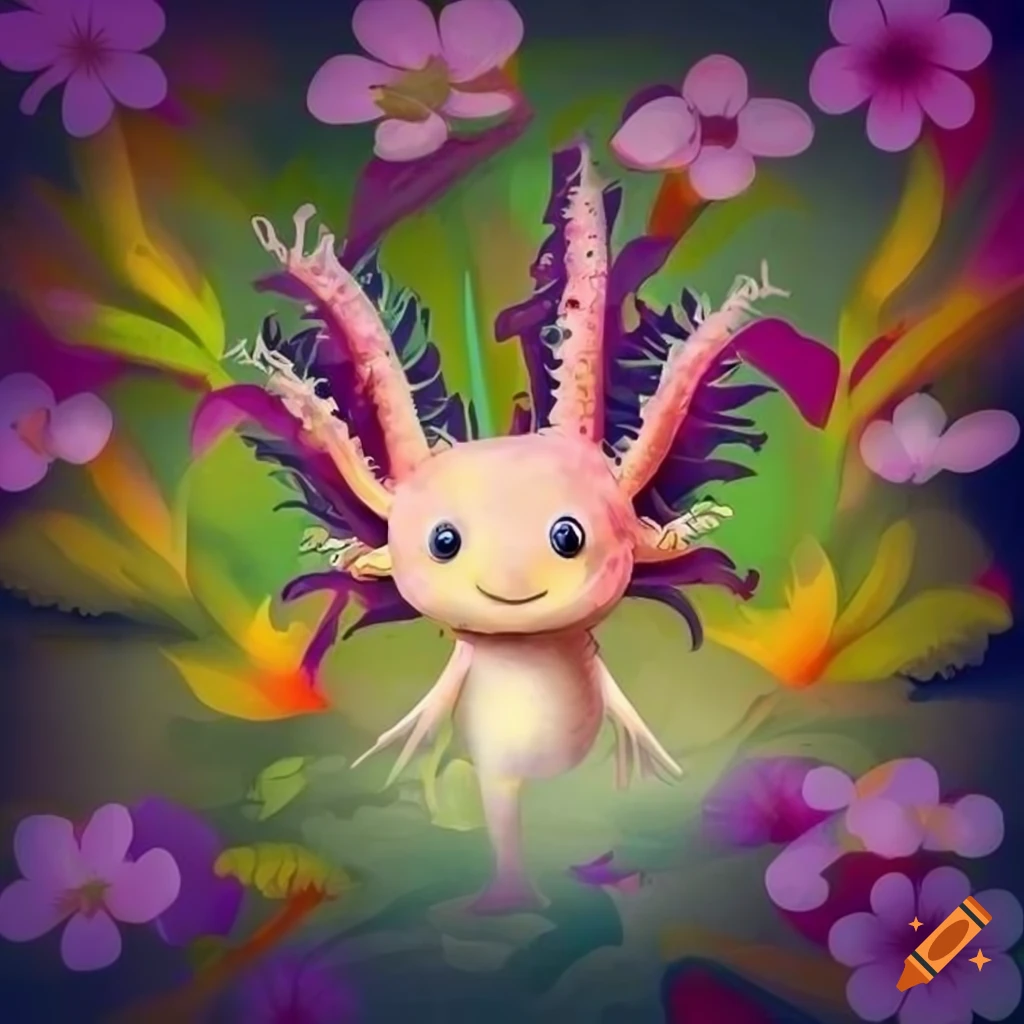 Cheerful axolotl in a garden of vibrant blossoms in sunlight on Craiyon