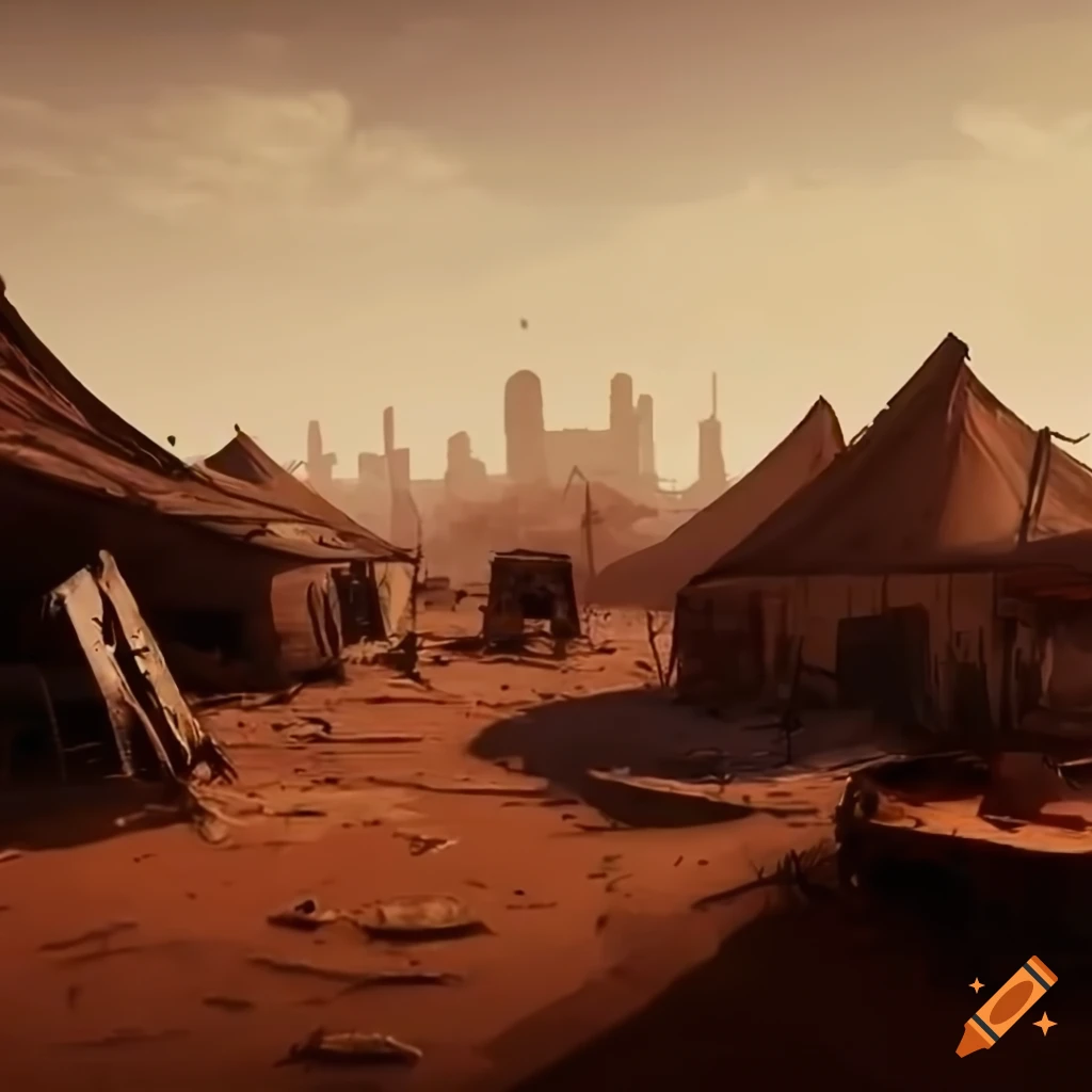 Post-apocalyptic camp in an empty desert during the day on Craiyon