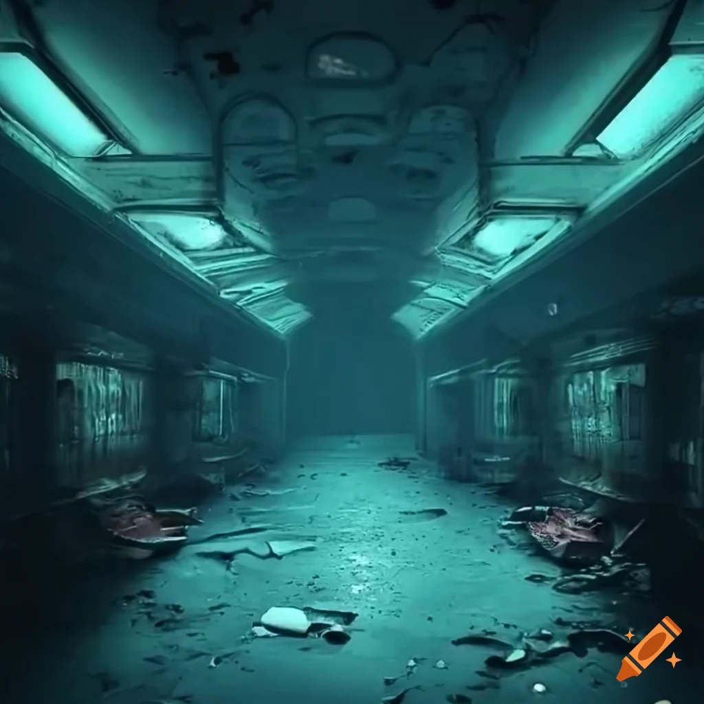 Inside of an abandoned futuristic underwater base with a medical room ...