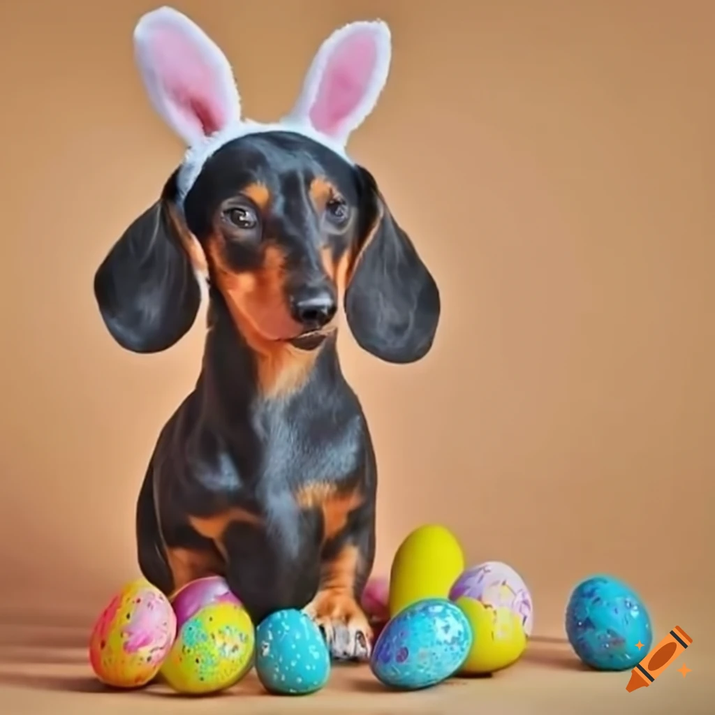 Whimsical dachshund with bunny ears collecting easter eggs on Craiyon