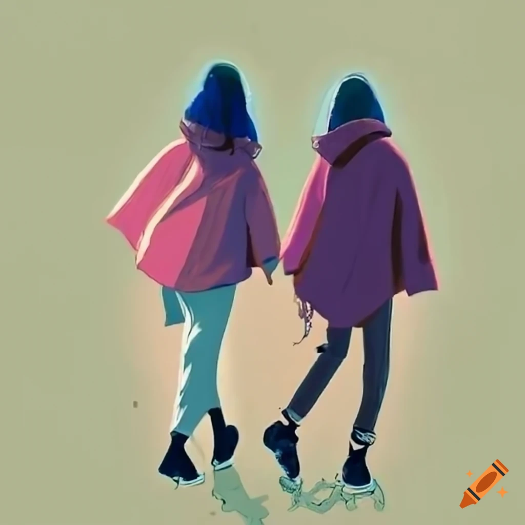 Two best friends walking in a park - one girl with black hair and light ...