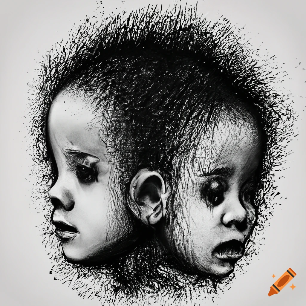 Scratchboard illustration of two conjoined twins with a high contrast ...
