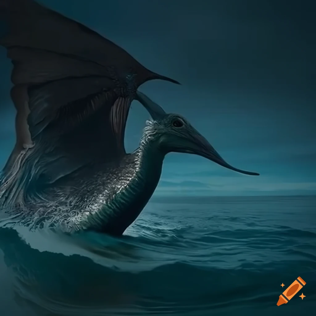 Mythical sea bird monster on chaotic waves in digital art on Craiyon