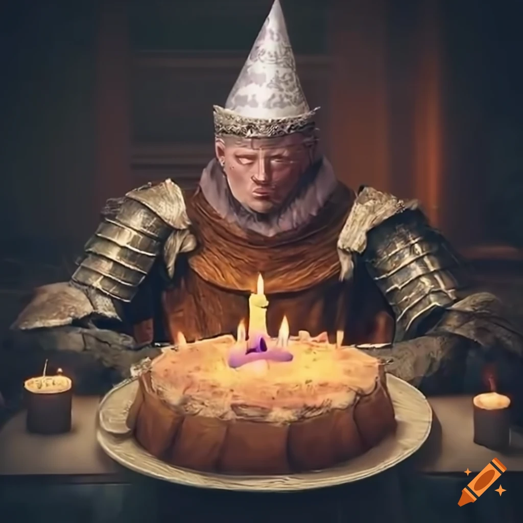 Man in Elden Ring style armor sitting at a table with a medieval cake ...