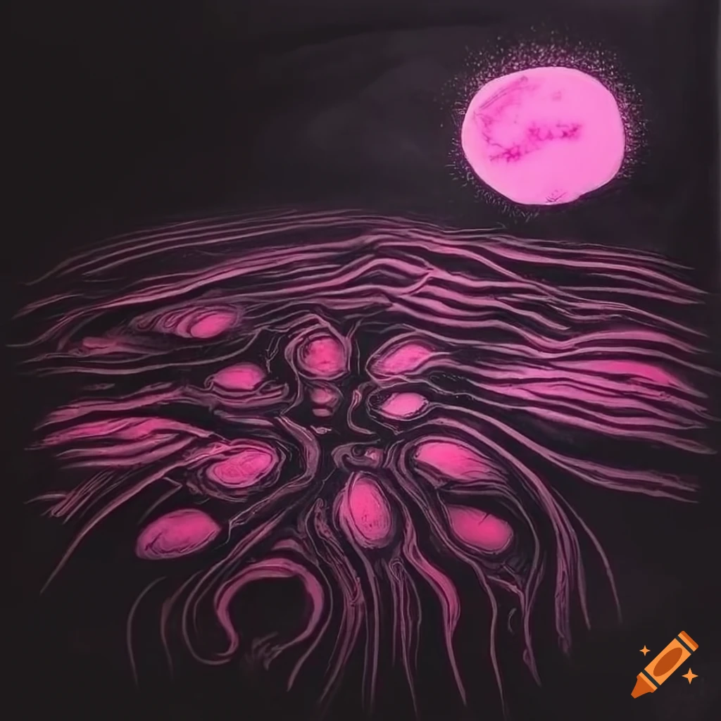 Scratchy art of black sand desert with pink alien plants on Craiyon