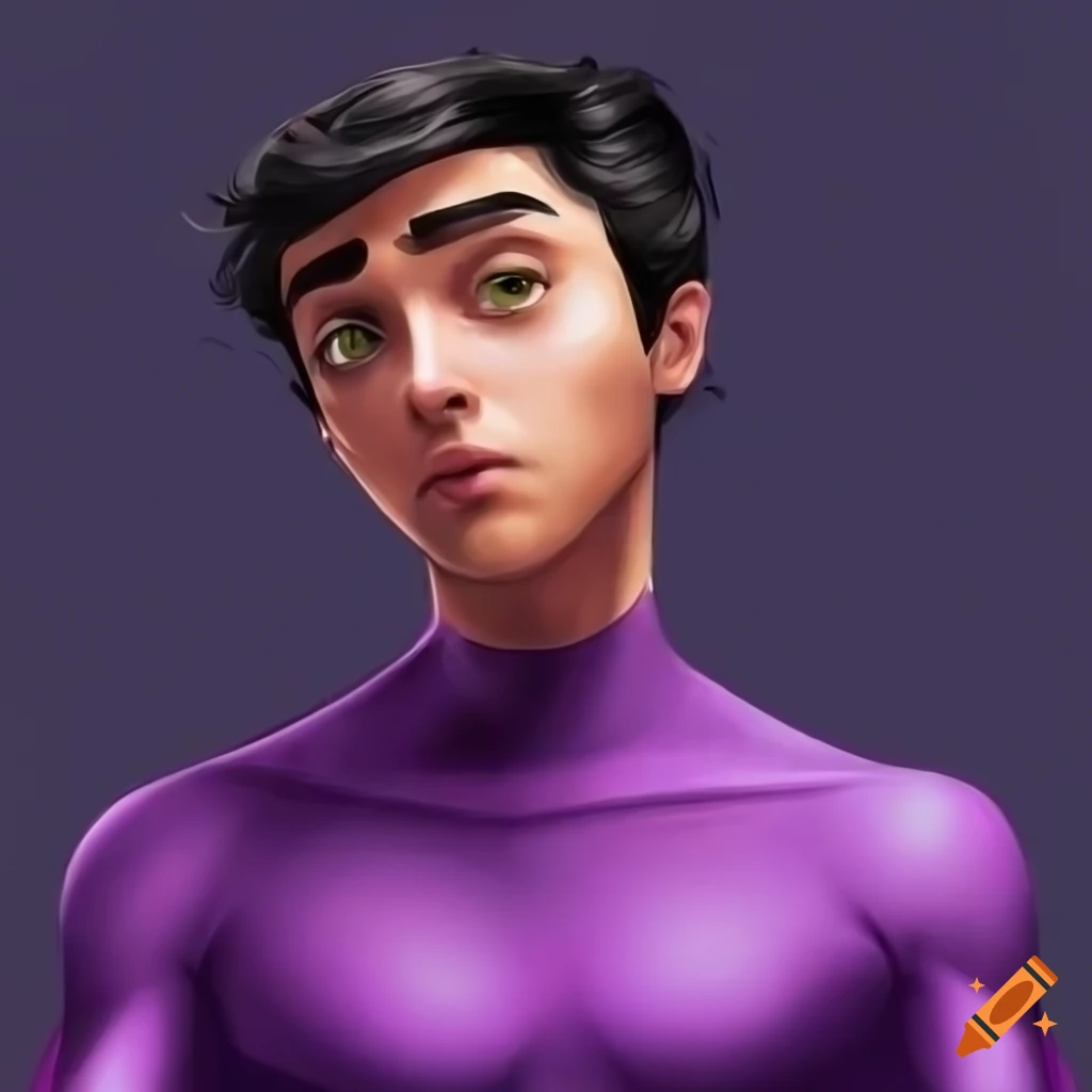 Actor in amethyst hero spandex suit sitting in chair on Craiyon