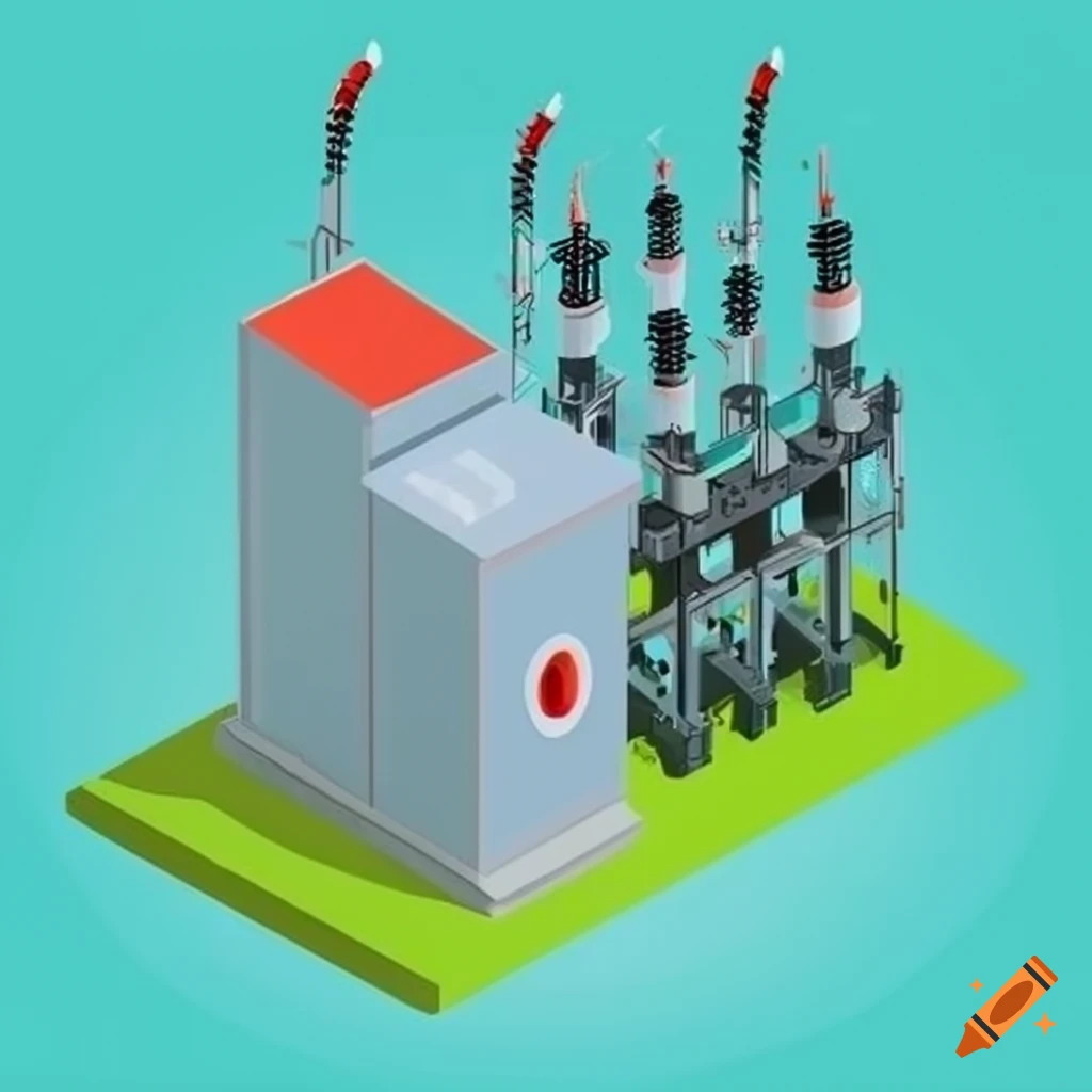Isometric cartoon of an electrical substation on Craiyon