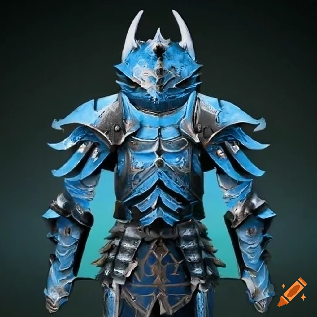 Mythic fantasy azure gothic armor made of steel in symmetrical view on ...