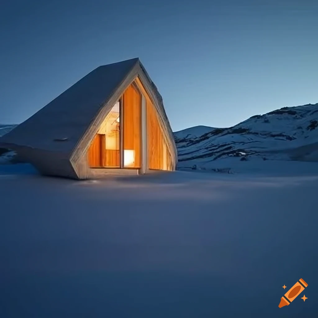 Surreal ski cabin made of concrete panels near krafla slopes on Craiyon