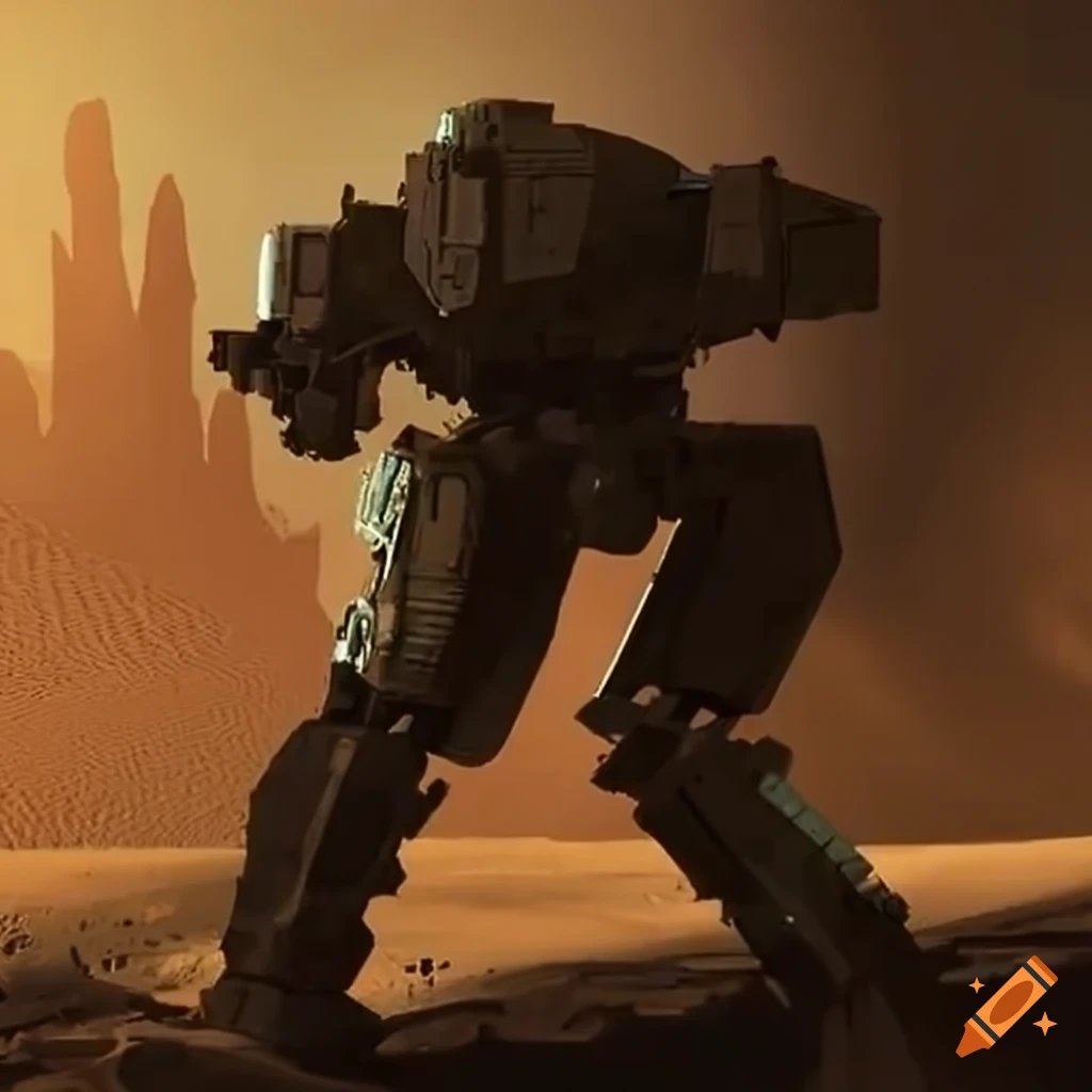 Futuristic armored war machine in a post-apocalyptic desert on Craiyon