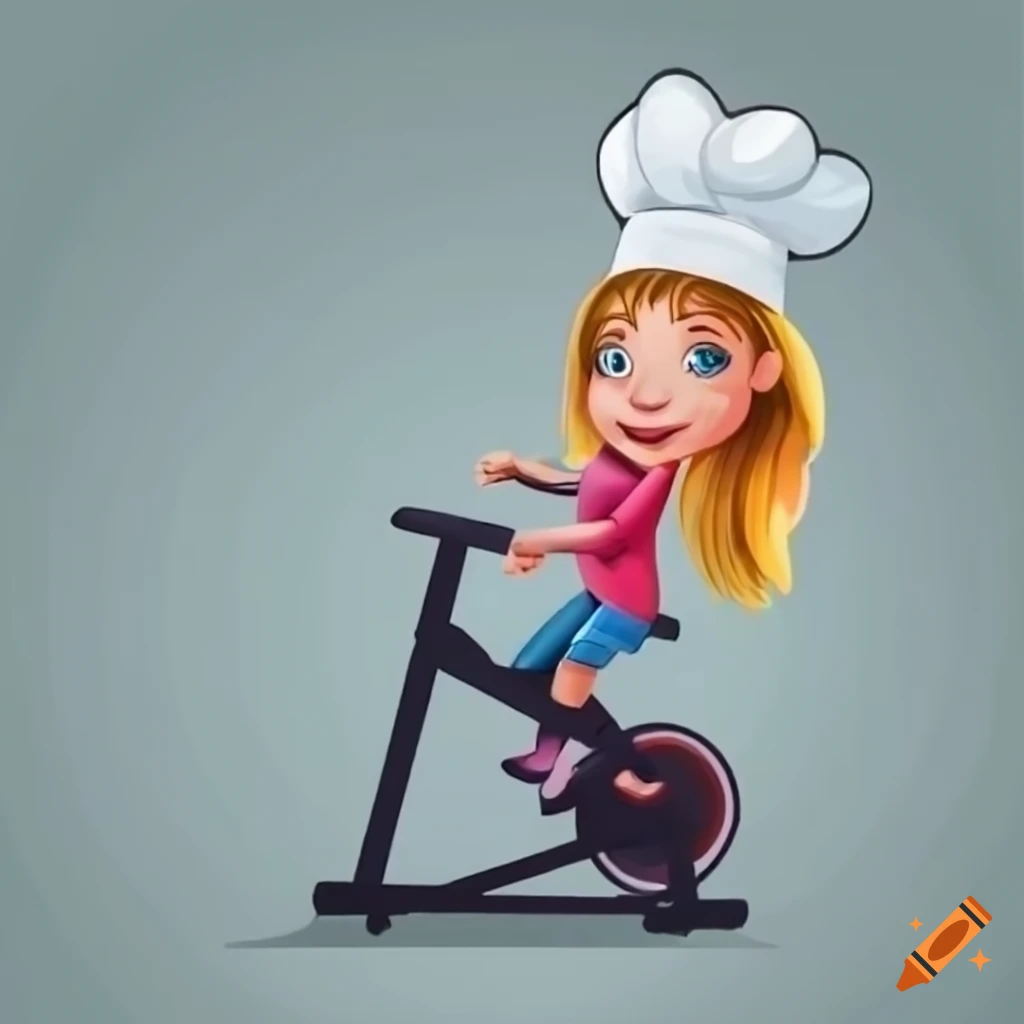 Cartoon girl on a spin bike with chef hat on Craiyon