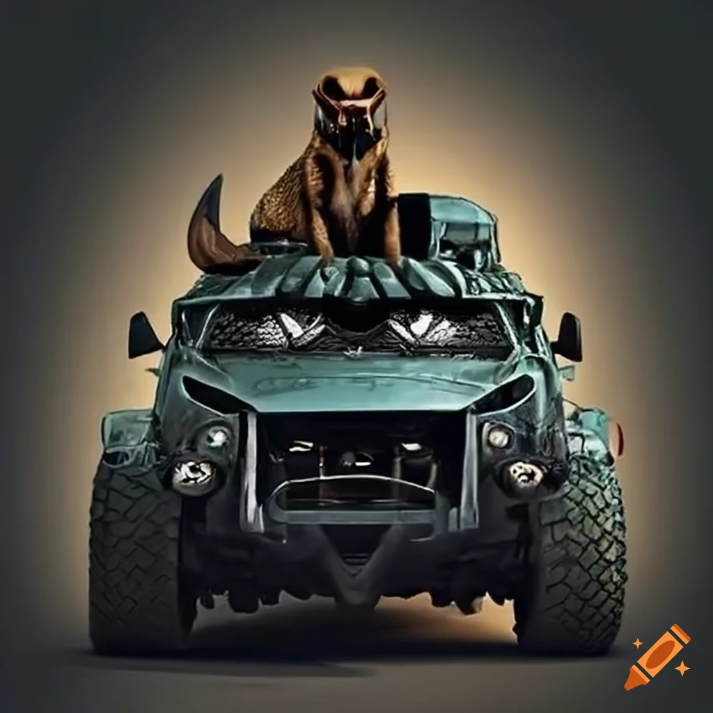 Dog looking curiously at a predator car on Craiyon