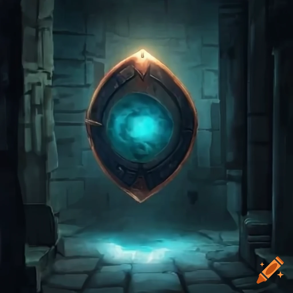 Zoomed out floating magic shield in a dungeon hallway on Craiyon