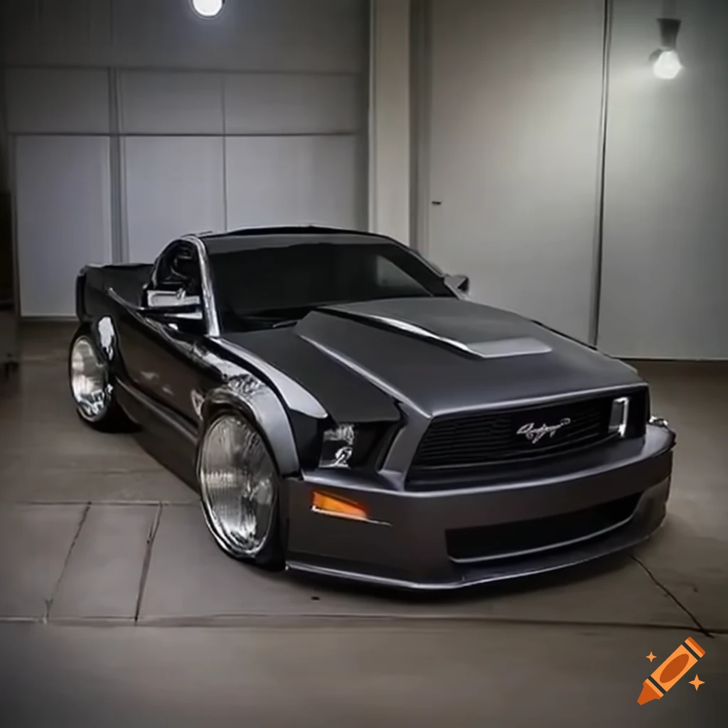 Modified 2007 ford mustang with a pickup truck conversion on Craiyon