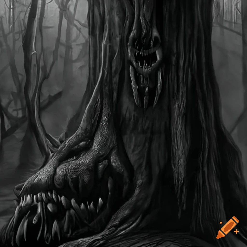 Dark and foreboding forest with a terrifying tree monster lurking on ...