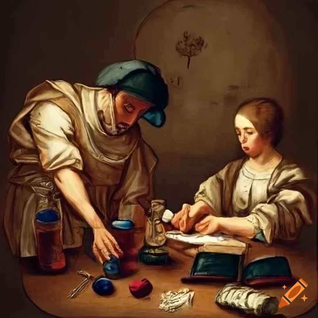 Alchemist discovering new compounds in a renaissance-style laboratory ...