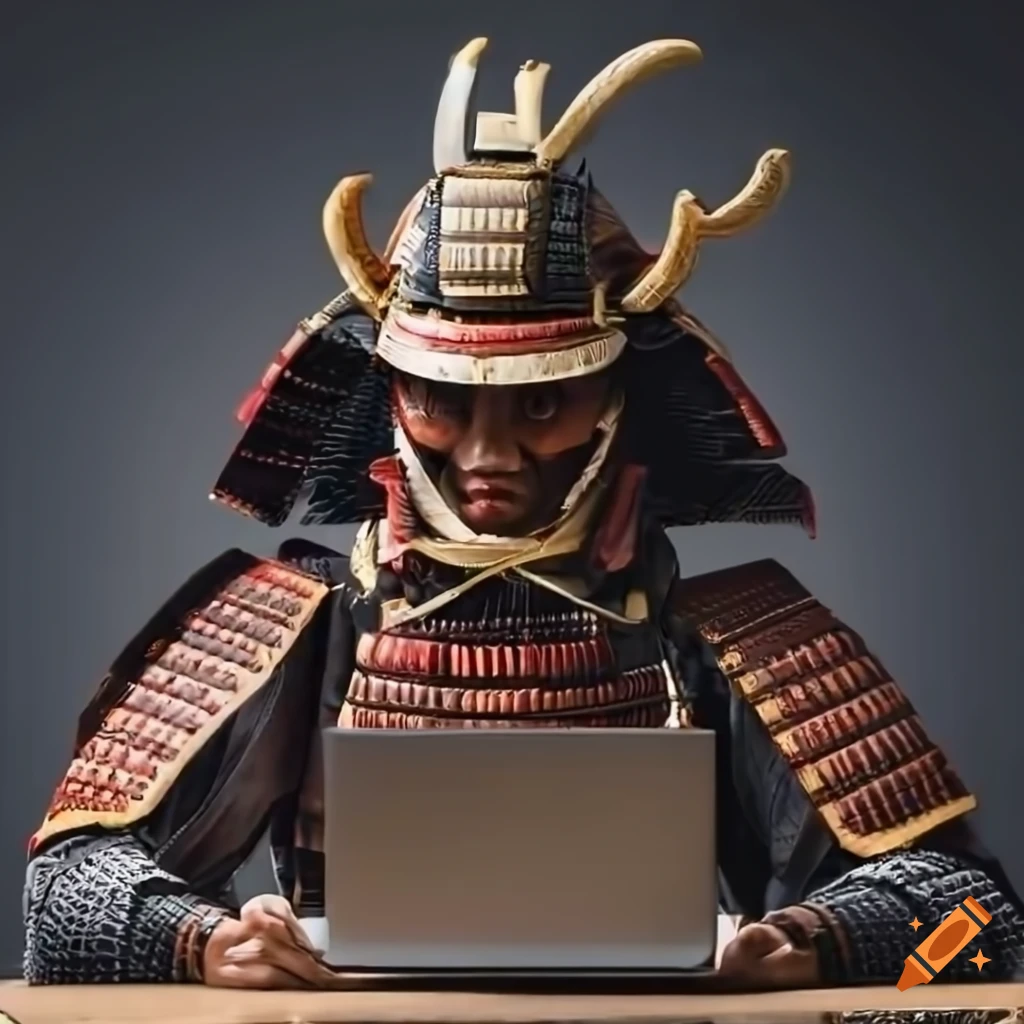 Samurai in armor sitting at a modern desk with a laptop on Craiyon