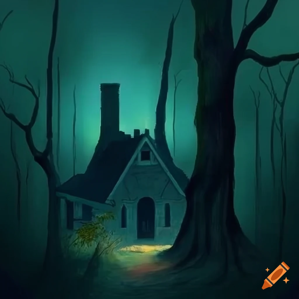 House nestled in a dense, foreboding forest under a moonlit sky on Craiyon
