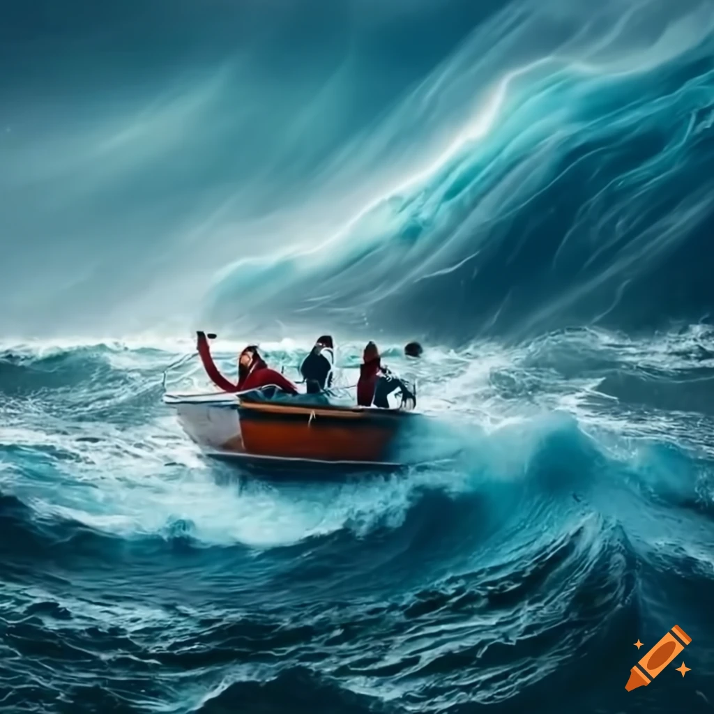 Rock band playing music on a boat in stormy ocean waters on Craiyon