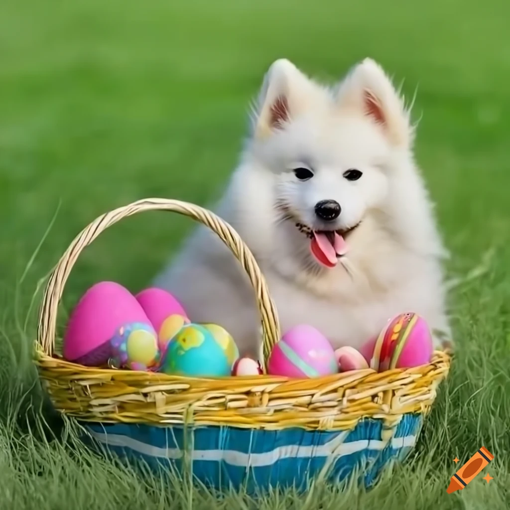 Samoyed dog in an easter basket with colorful eggs and grass on Craiyon