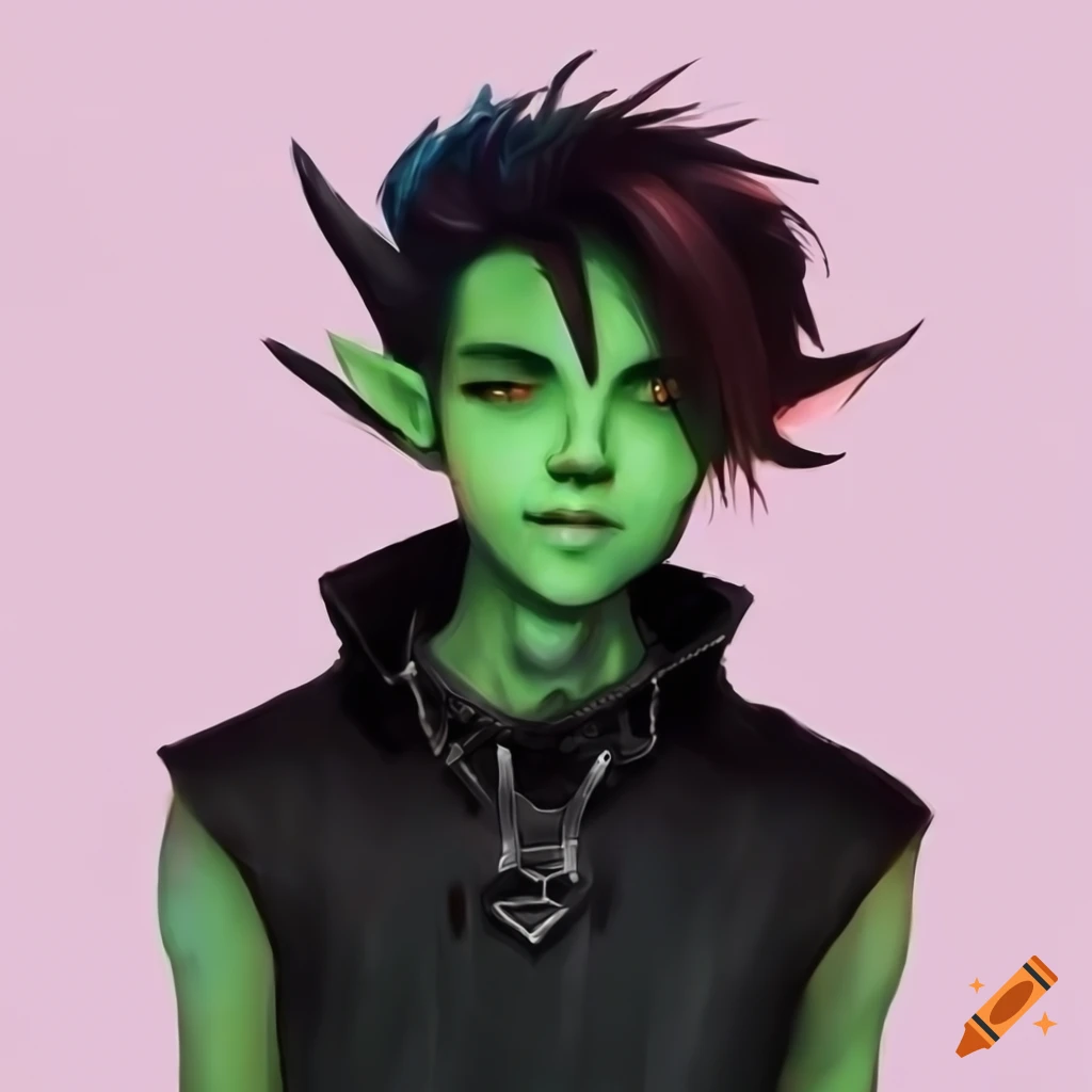 Edjek the young green skin goblin with black sleeveless shirt and emo ...