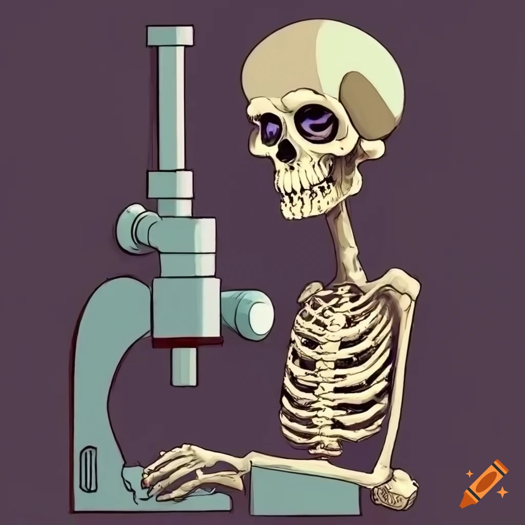 Skeleton sitting in front of a microscope in 1970s horror style on Craiyon