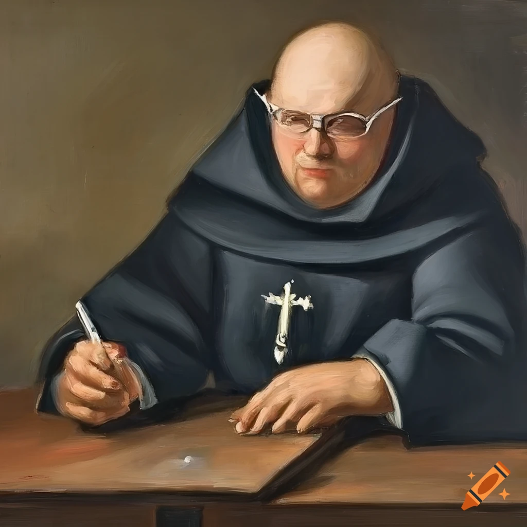 Chubby bald man with glasses dressed as a catholic monk writing at a ...