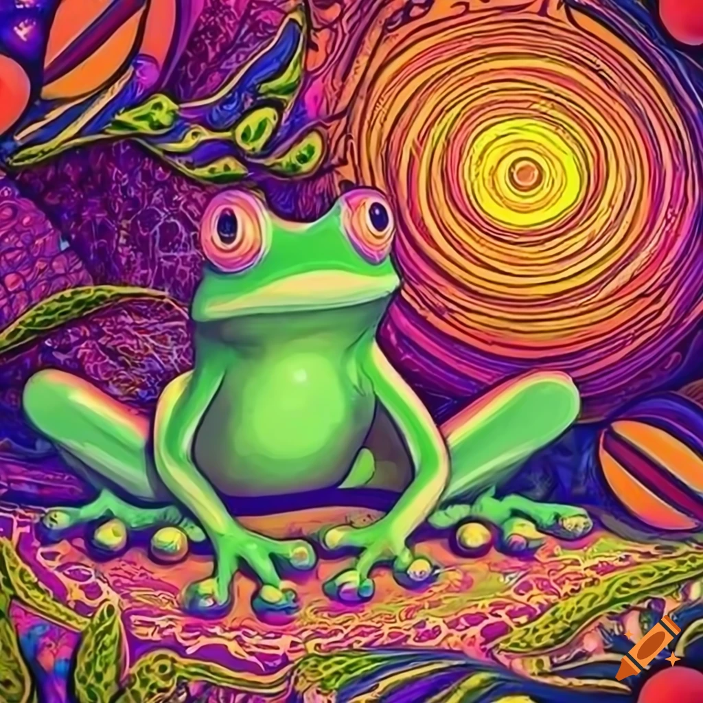 Trippy and vibrant artwork of a mystical frog illustration on Craiyon