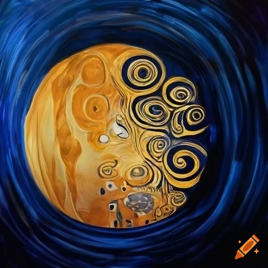 Abstract painting in Klimt style with golden and dark blue colors on ...