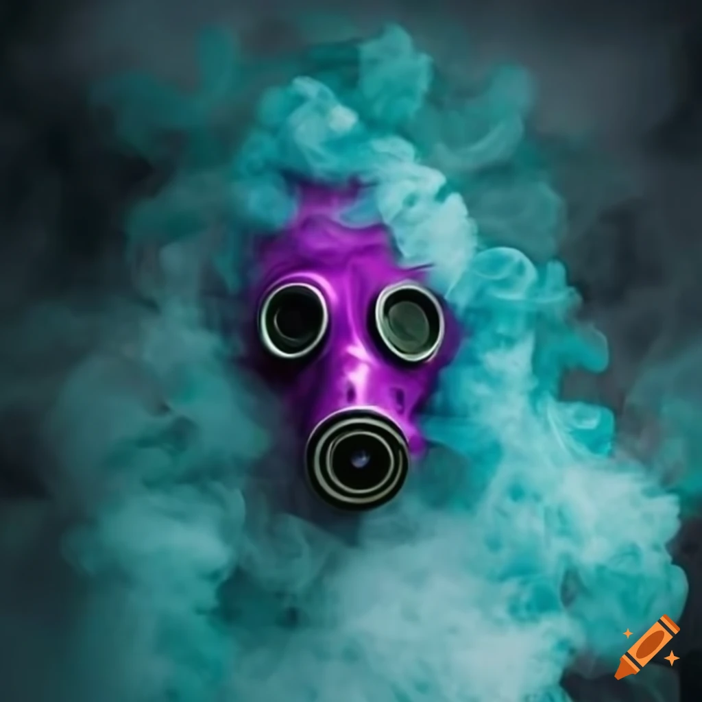 Purple gas mask in cyan smoke clouds on Craiyon