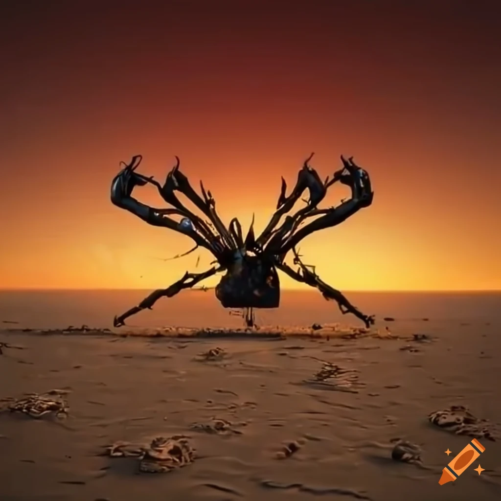 Intricately-designed robotic insect in a sun-scorched desert landscape ...