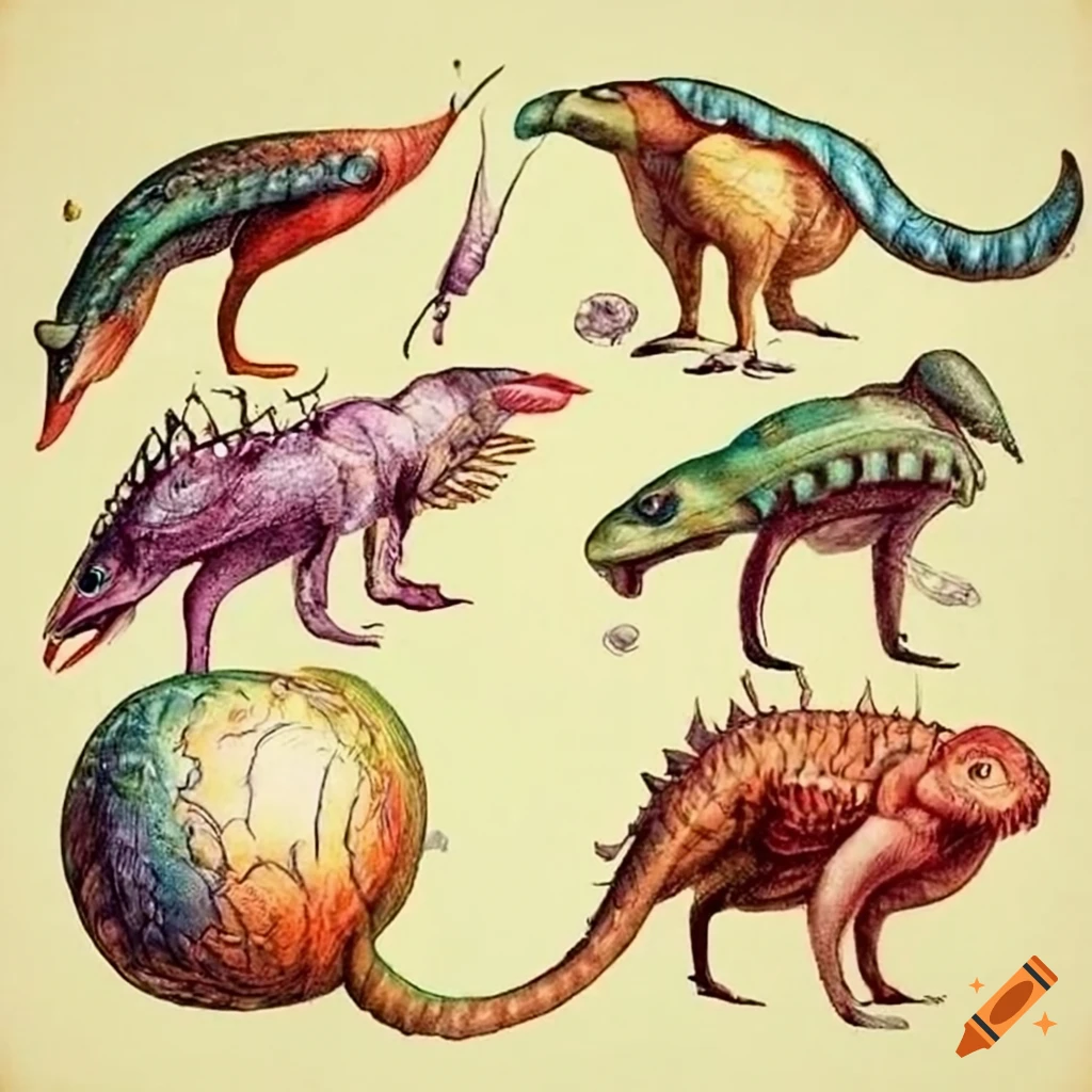 Illustrations of strange and unknown creatures from an antique science book on Craiyon