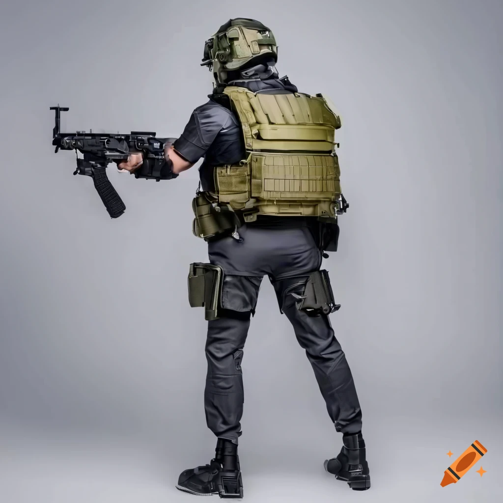 Man in tactical armor with gun in rear view on Craiyon