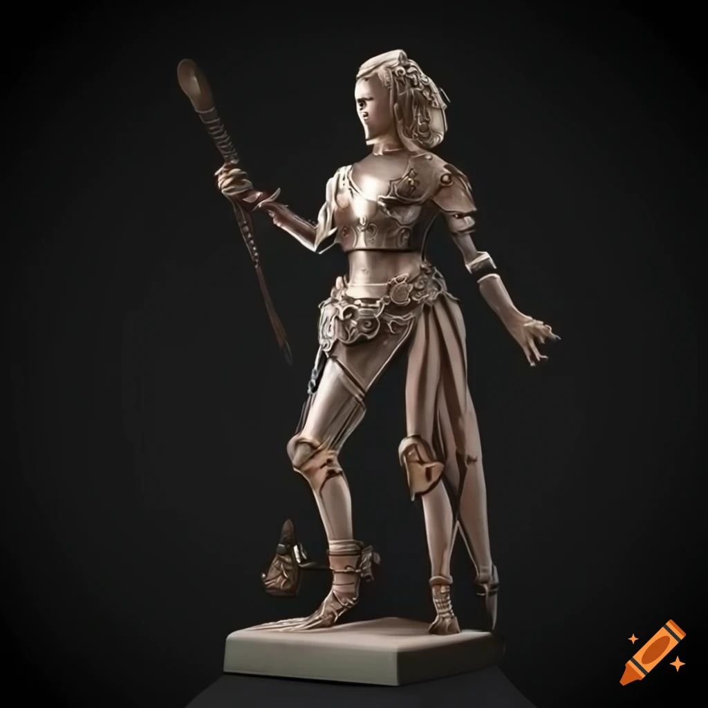Statue of a punk female character in sculpted armor and metal ...