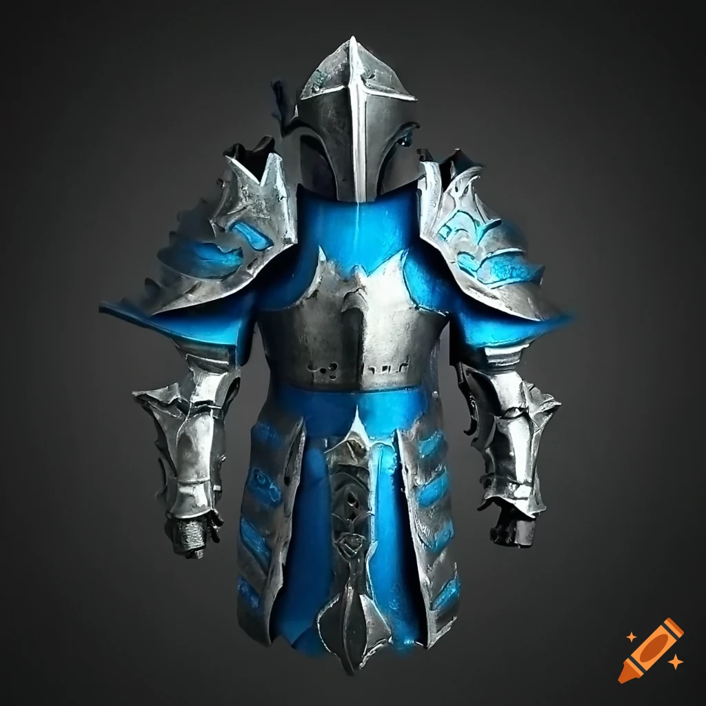 Mythic fantasy azure gothic armor made of steel in symmetrical view on ...