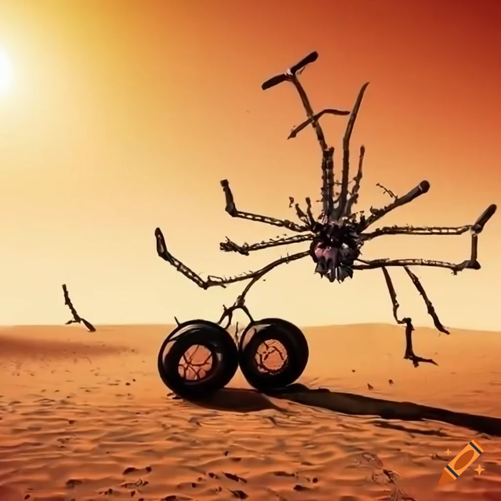 Intricately-designed robotic insect in a sun-scorched desert on Craiyon