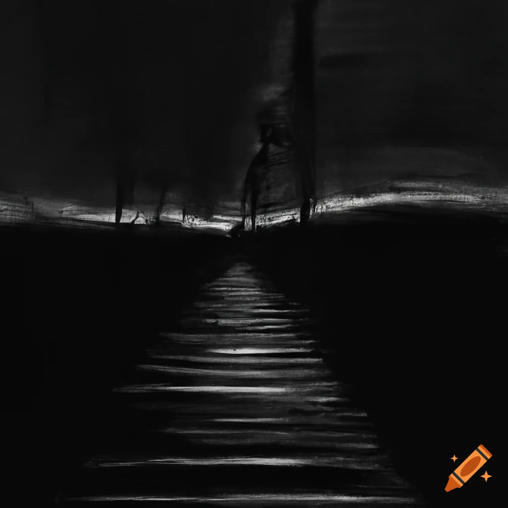 Interior of a passing train at night in charcoal drawing in black and ...