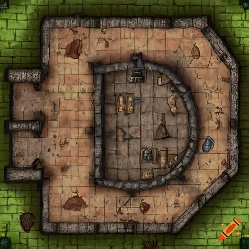 Detail-rich DnD battlemap of a medieval workshop with stone walls and ...