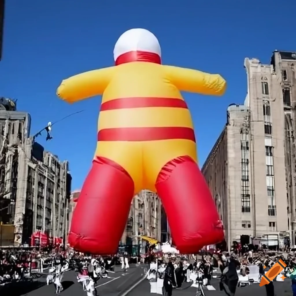 Giant inflatable parade figure in an urban street setting on Craiyon