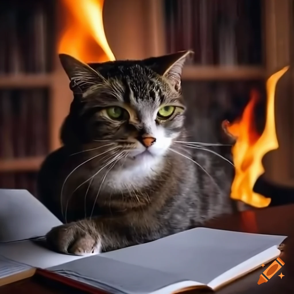 Cat studying in a library with fire in the background on Craiyon
