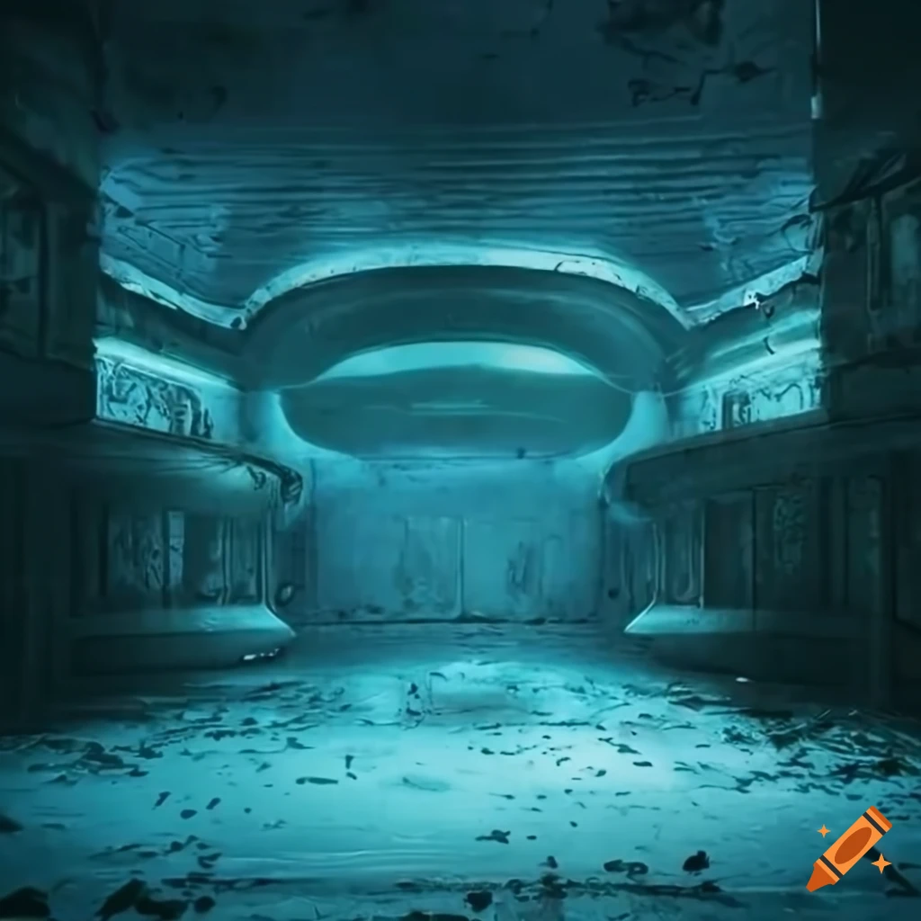 Interior of abandoned underwater futuristic base with damaged walls and ...