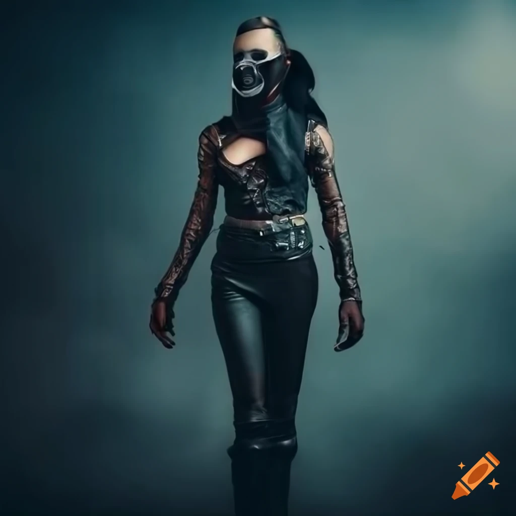 Stylish rebellious woman in a smog-filled world with industrial leather ...