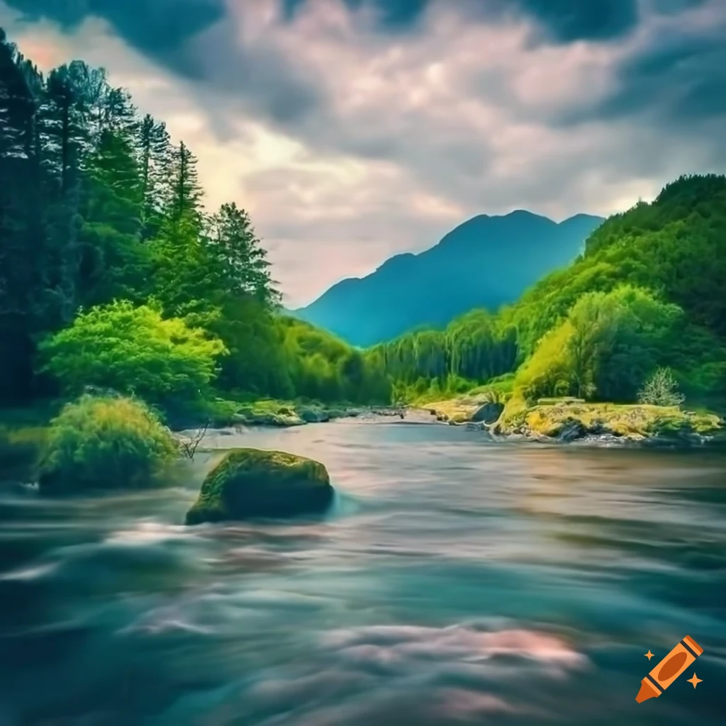 Vast landscape with lush greenery, rivers flowing through mountains ...