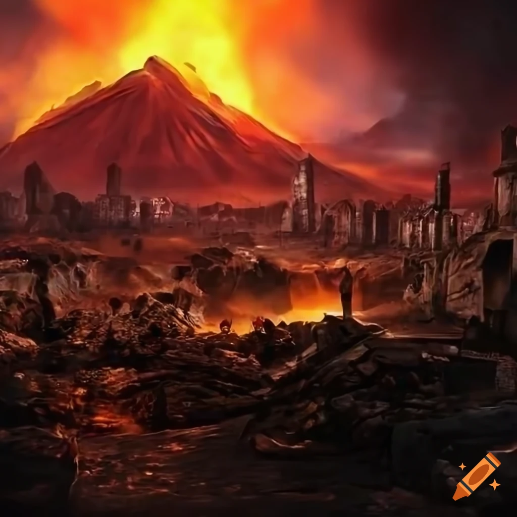 Destroyed medieval city ravaged by a volcano in a high desert setting ...