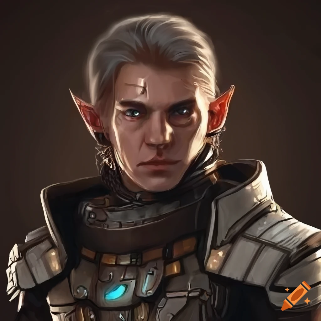 Male elf rogue in futuristic armor on a spaceship hallway on Craiyon