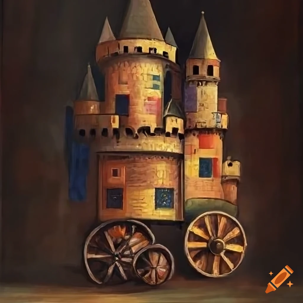 Medieval painting of patchwork castle on wheels pulled by a fox on Craiyon