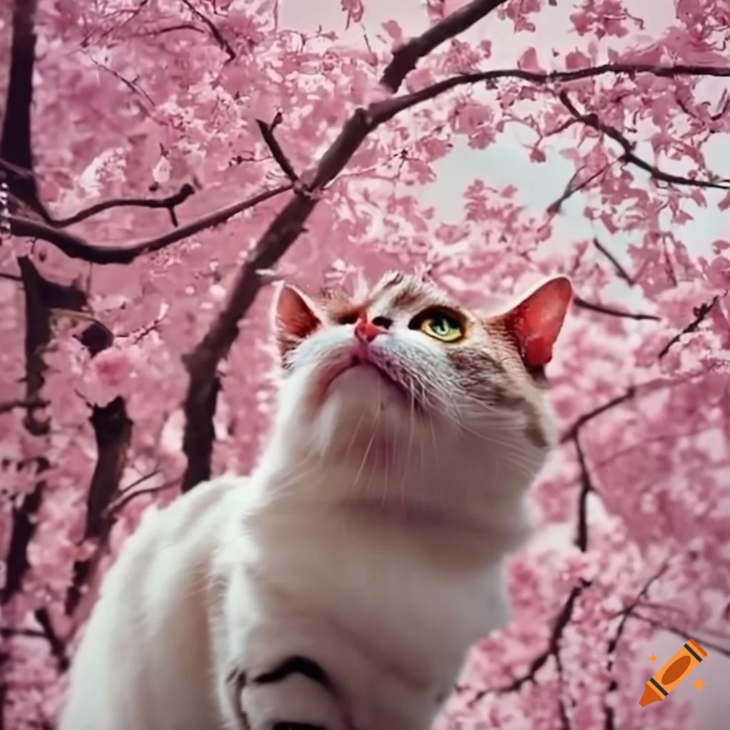 Cat under sakura tree looking up on Craiyon